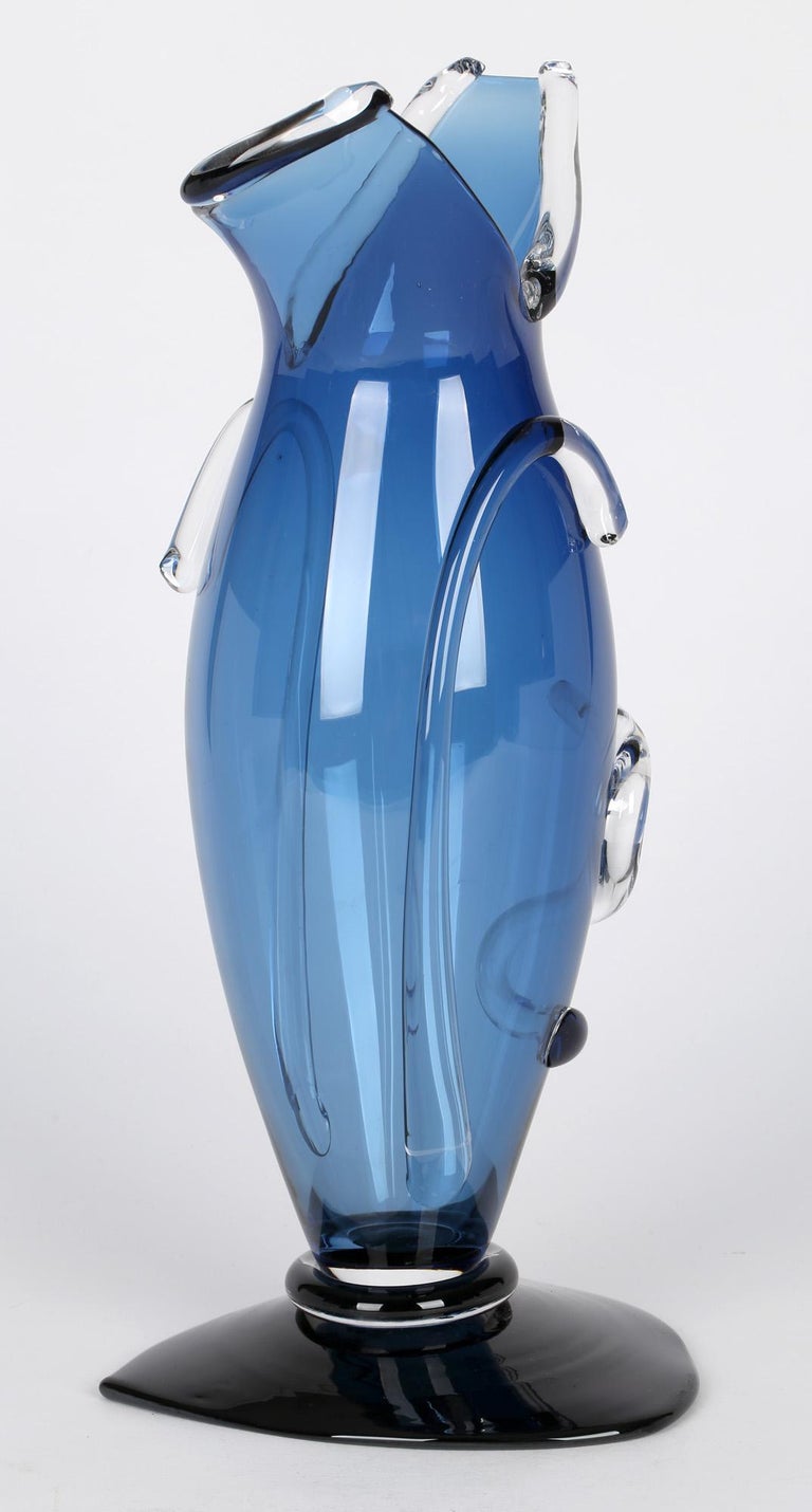 Simon Moore English Hand Blown Blue Art Glass Vase Dated 1989 For Sale ...