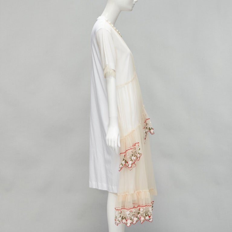SIMONE ROCHA nude sheer floral embroidered tulle pearl collar dress S ...