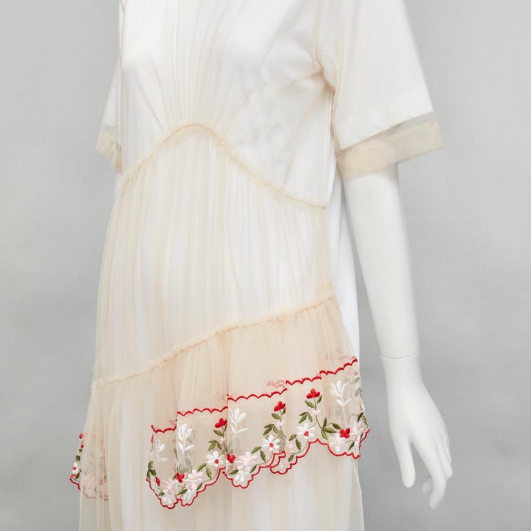 SIMONE ROCHA nude sheer floral embroidered tulle pearl collar dress S ...