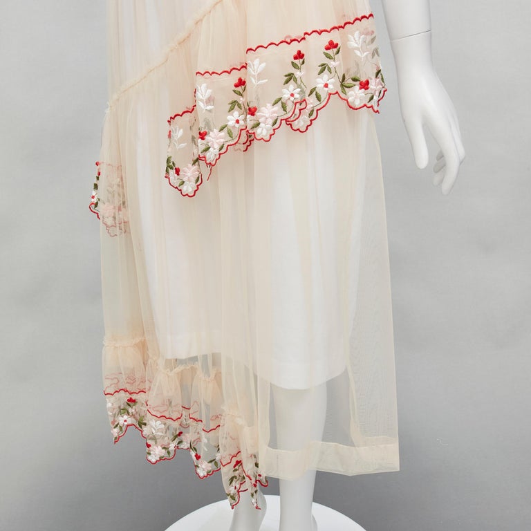 SIMONE ROCHA nude sheer floral embroidered tulle pearl collar dress S ...