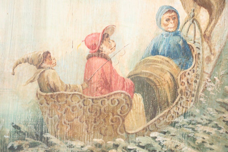 Singerie Carriage Painting on Wood For Sale at 1stDibs