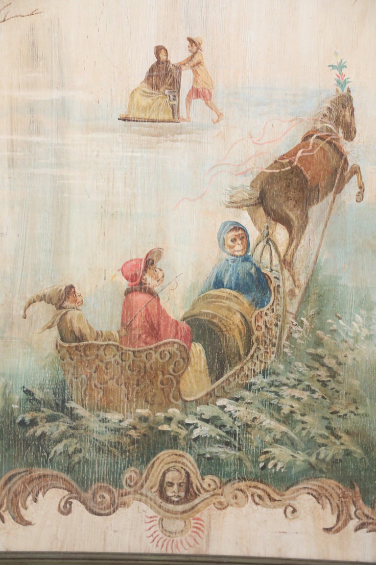 Singerie Carriage Painting on Wood For Sale at 1stDibs