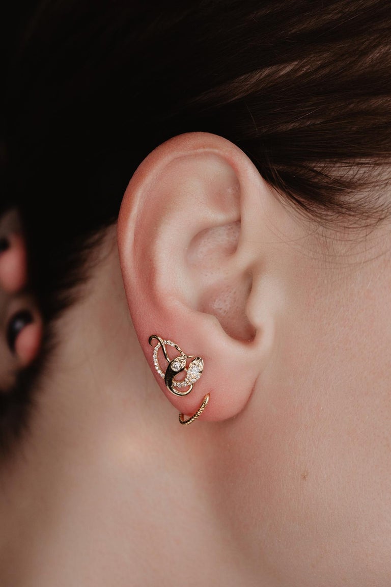 Single Diamond Snake Earring Solid 14k Gold, Victorian Revival Gold ...
