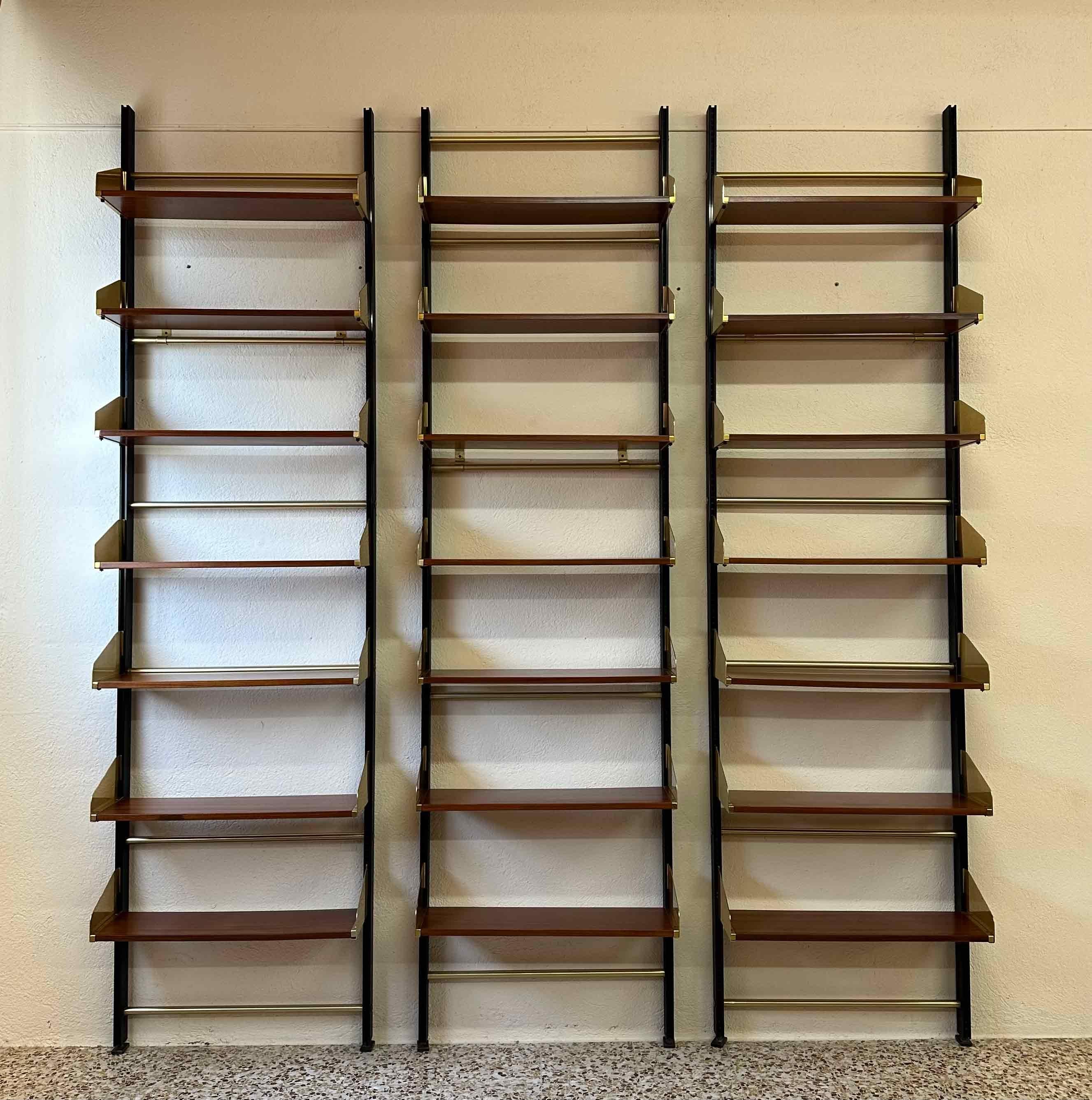Single Module Italian Wall-Mounted FEAL Brass, Wood and Metal Bookcase ...