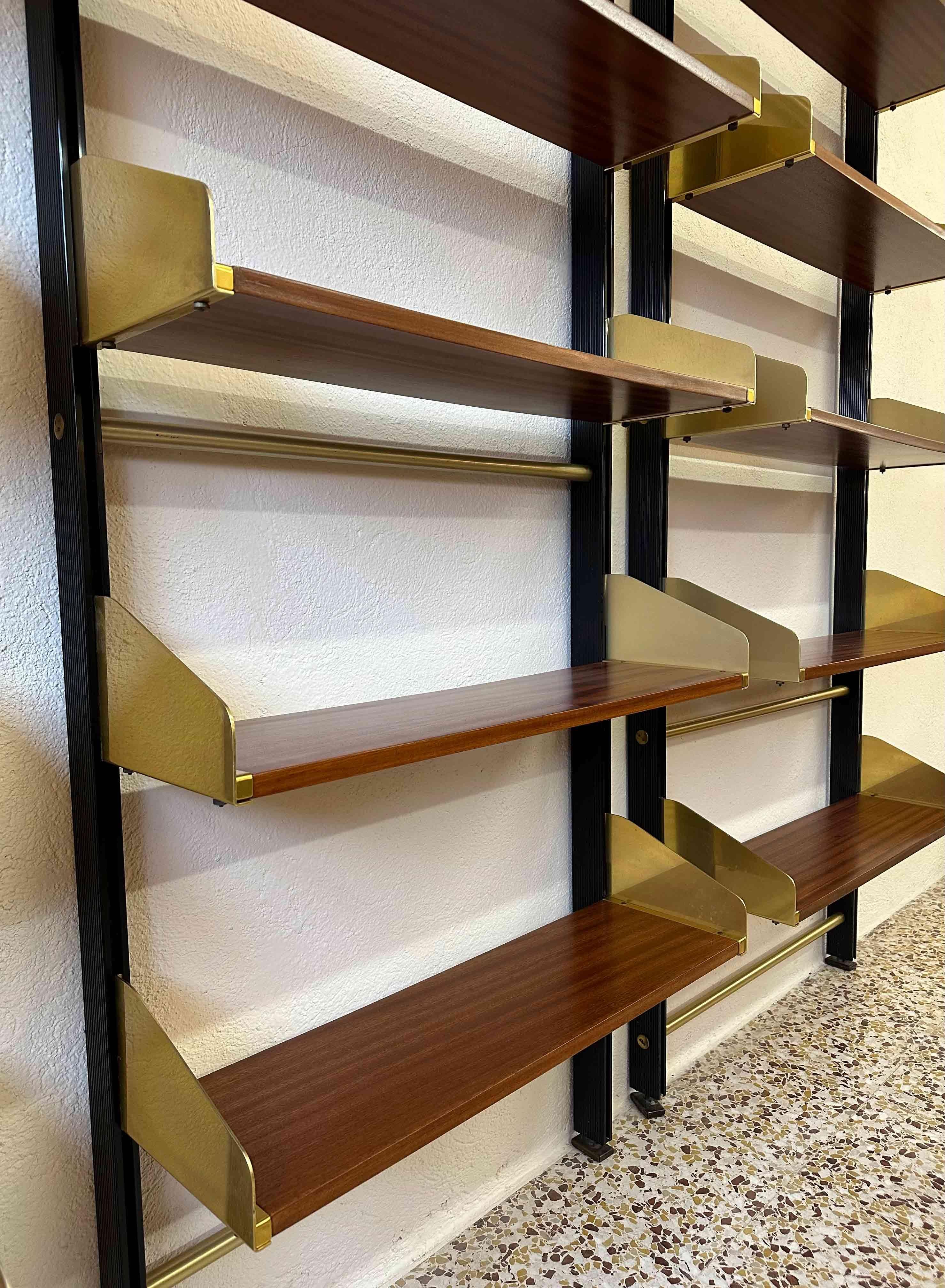 Single Module Italian Wall-Mounted FEAL Brass, Wood and Metal Bookcase ...