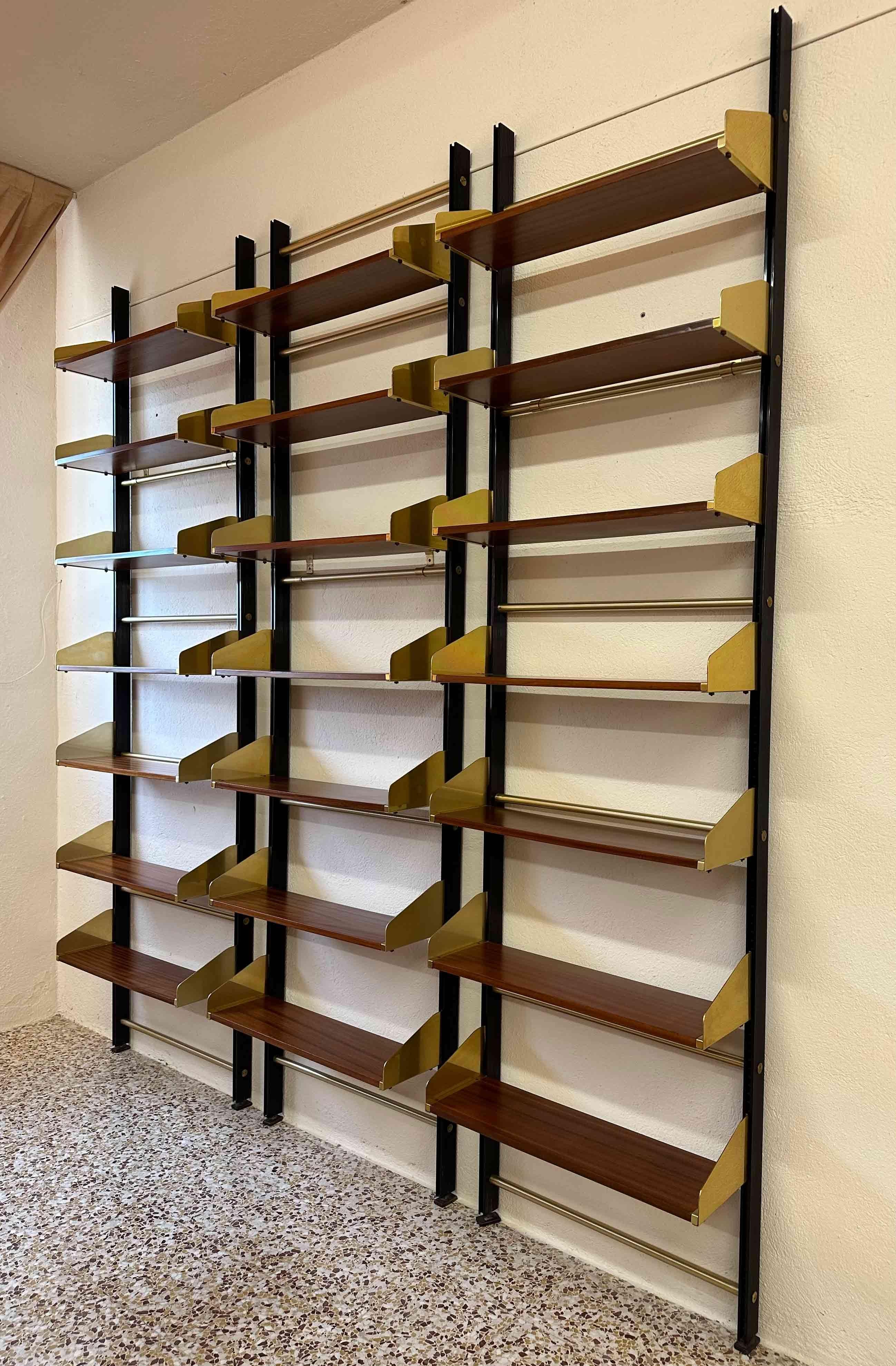 Single Module Italian Wall-Mounted FEAL Brass, Wood and Metal Bookcase ...