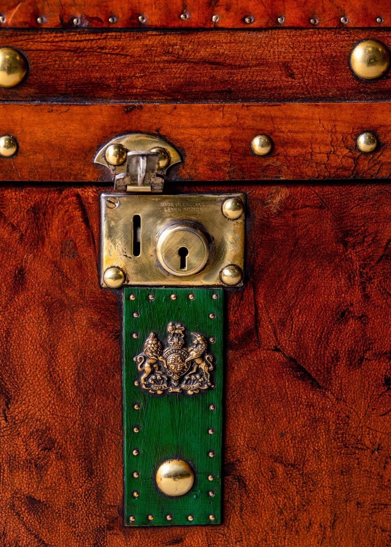 Single Restored English Leather Trunk with Green Strap at 1stDibs