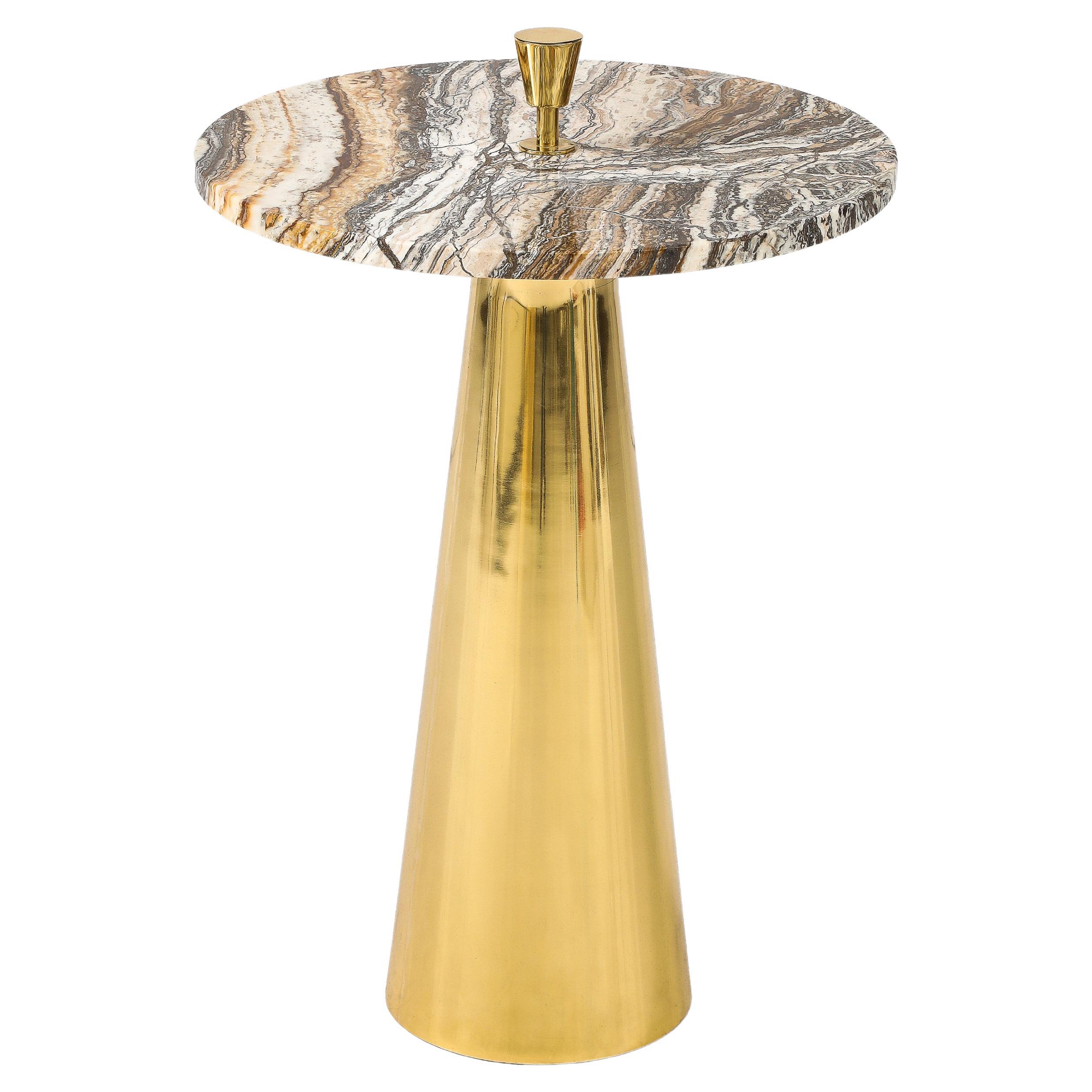 Single Round Brown Hue Onyx Marble and Brass Side Martini Table, Italy ...