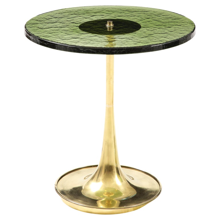 Single Round Green Murano Glass and Brass Martini or Side Table, Italy ...