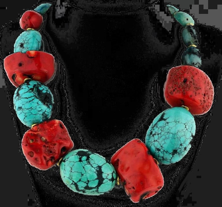 Single Strand Large Chunk Turquoise, Coral and Chrysocolla Necklace at ...