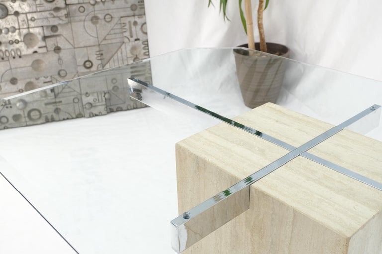 Single Travertine Rectangle Base Chrome Stretchers Glass Top Dining ...