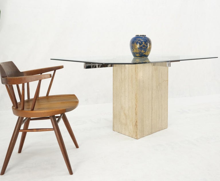 Single Travertine Rectangle Base Chrome Stretchers Glass Top Dining ...