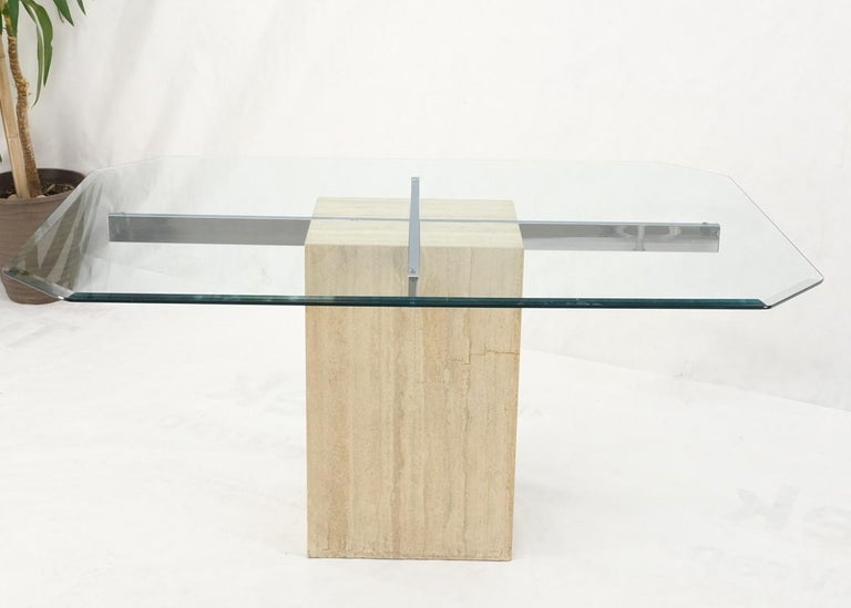 Single Travertine Rectangle Base Chrome Stretchers Glass Top Dining ...