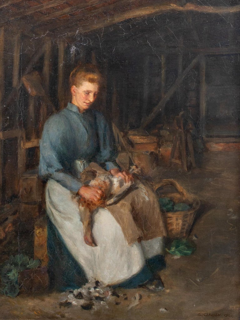 Sir George Clausen - Woman Plucking A Chicken In A Barn Interior, dated ...