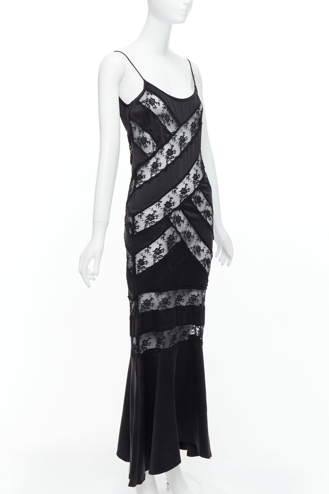 SIR THE LABEL Aries 100% silk black sheer lace panel diagonal slip ...