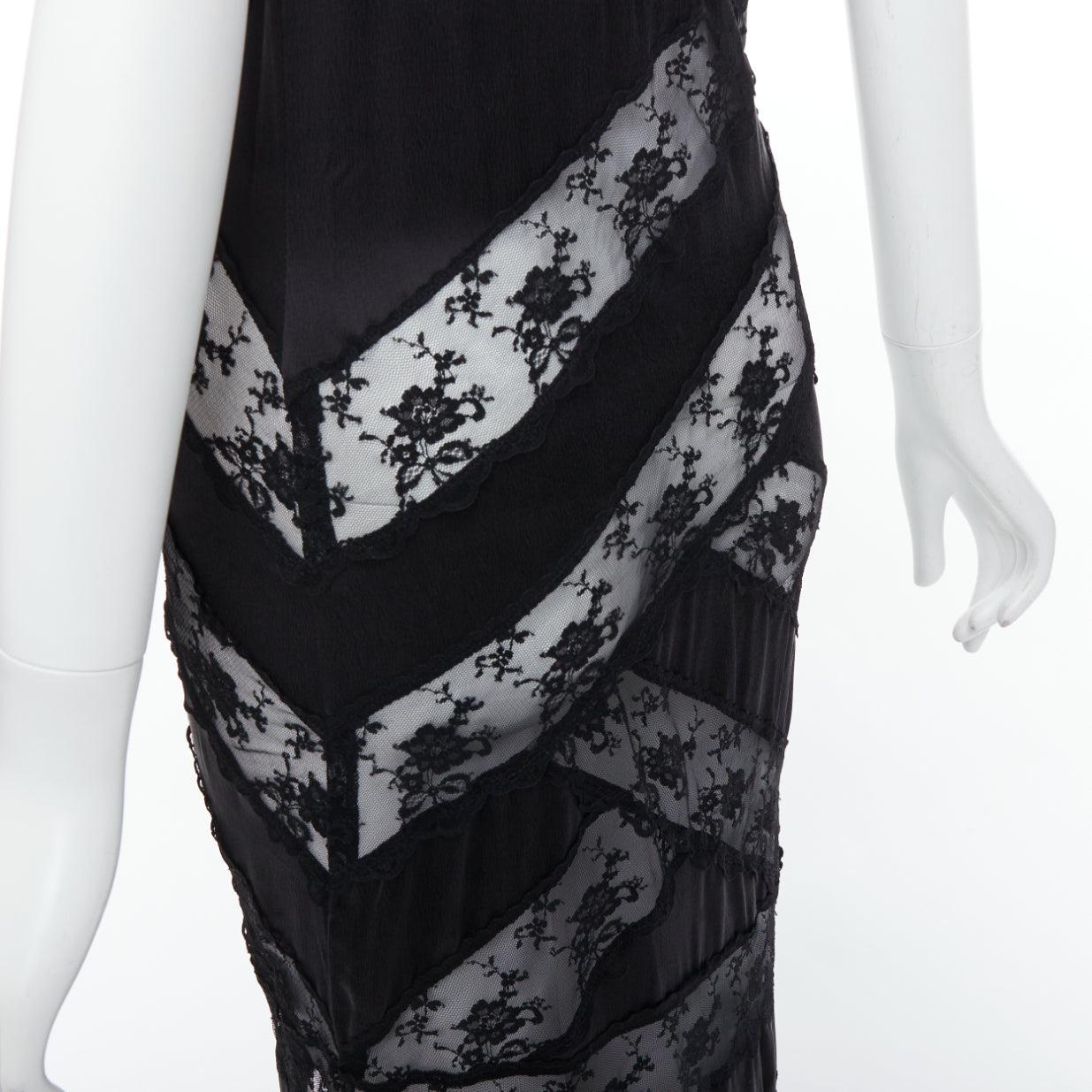 SIR THE LABEL Aries 100% silk black sheer lace panel diagonal slip ...