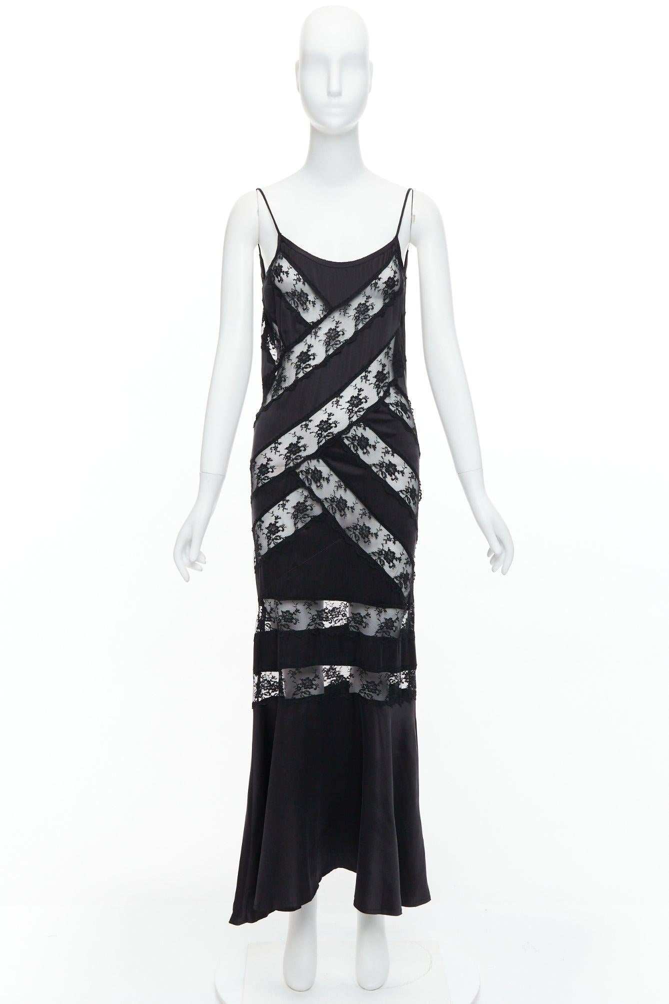 SIR THE LABEL Aries 100% silk black sheer lace panel diagonal slip ...