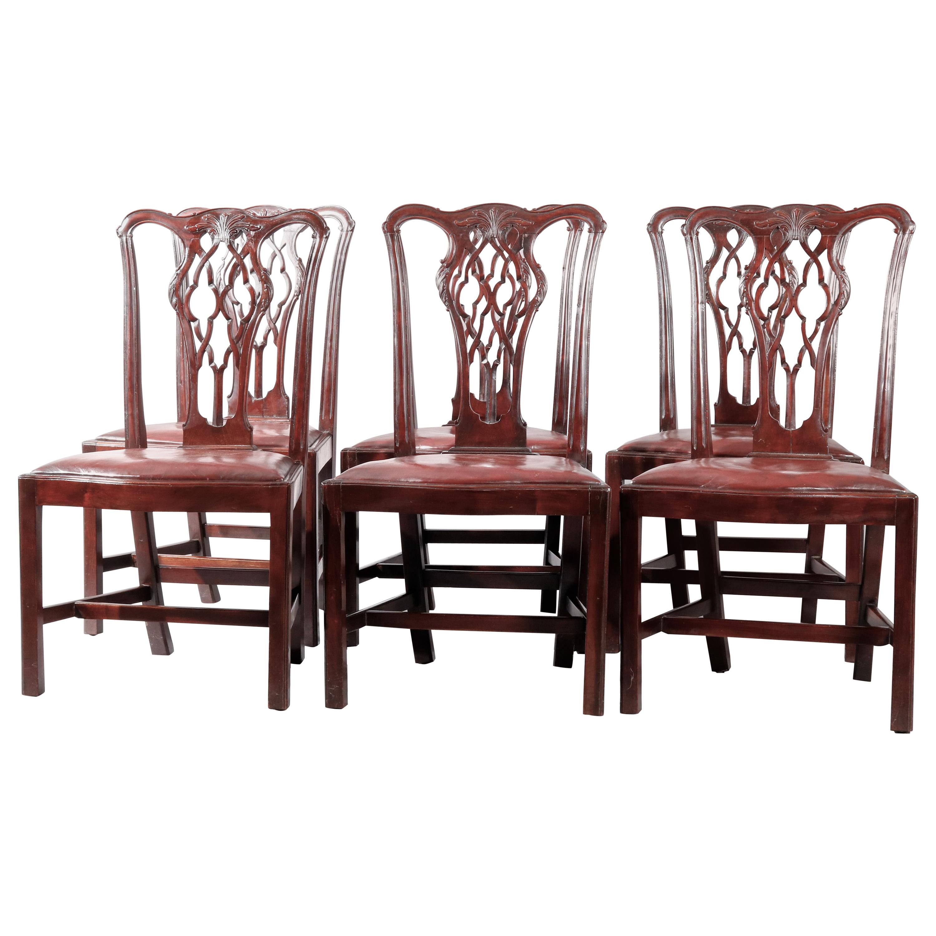 Six Antique English Mahogany Ribbon Back Chippendale Dining Chairs ...