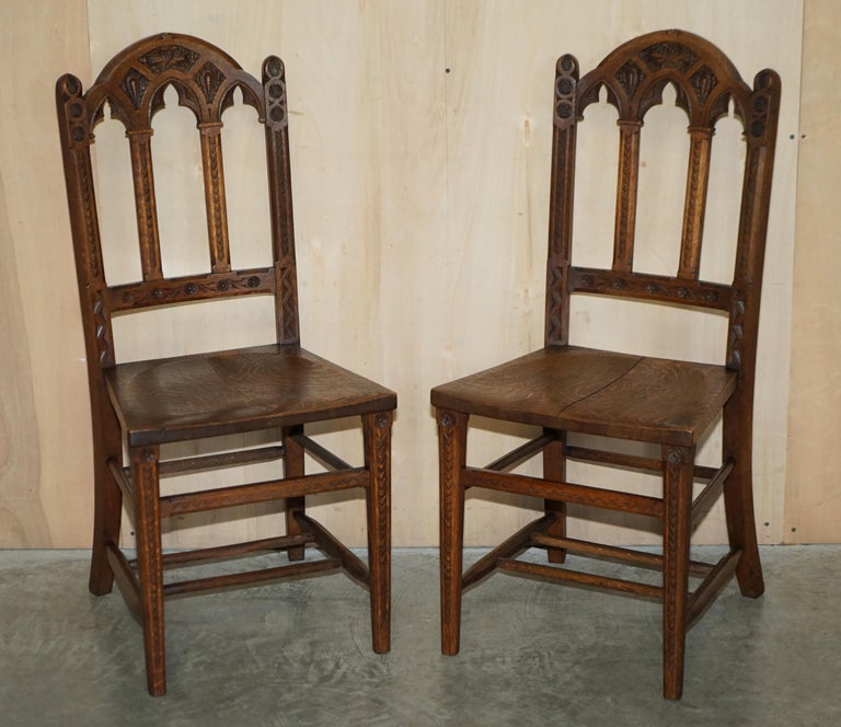 SIX ANTIQUE ORNATELY CARVED STEEPLE BACK WALNUT GOTHIC REVIVAL DiNING ...