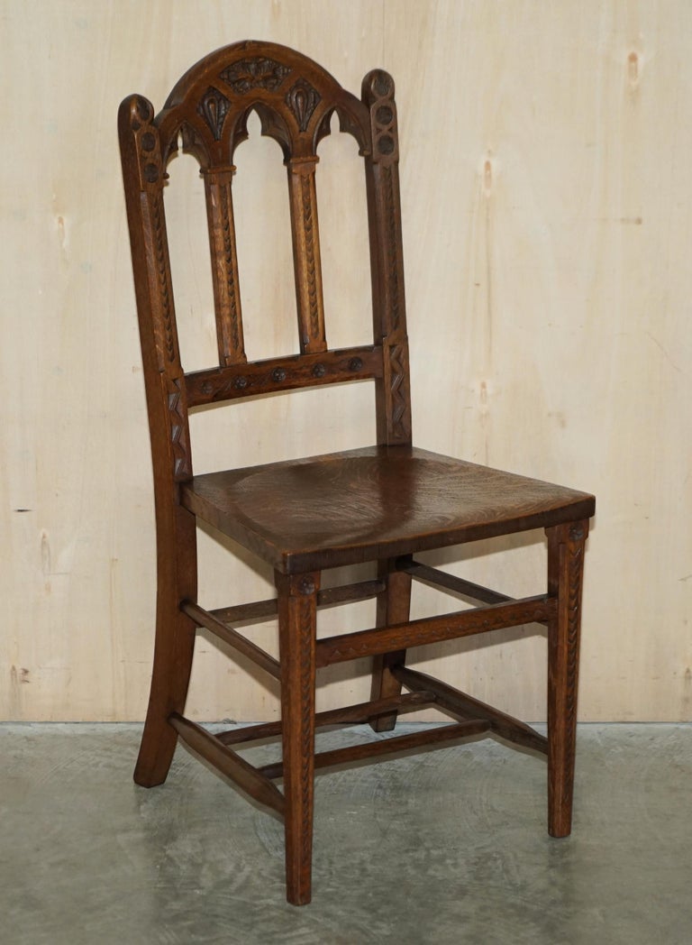 SIX ANTIQUE ORNATELY CARVED STEEPLE BACK WALNUT GOTHIC REVIVAL DiNING ...
