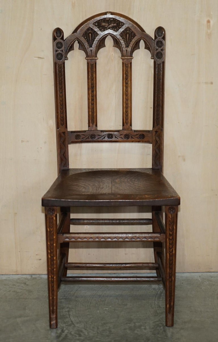 SIX ANTIQUE ORNATELY CARVED STEEPLE BACK WALNUT GOTHIC REVIVAL DiNING ...