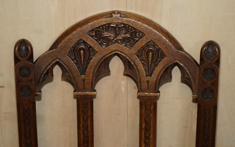 SIX ANTIQUE ORNATELY CARVED STEEPLE BACK WALNUT GOTHIC REVIVAL DiNING ...