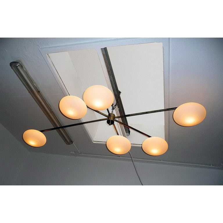 Six Arms Radial Brass and Glass Ceiling Italian Light MCM Style For ...