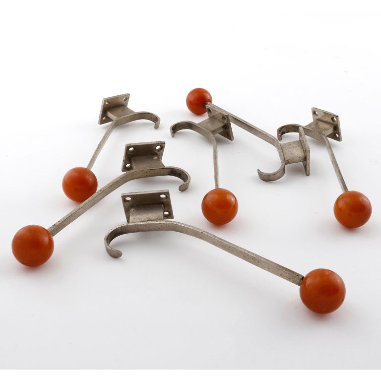 Six Art Deco Coat Wall Hooks, Nickel, 1930s at 1stDibs