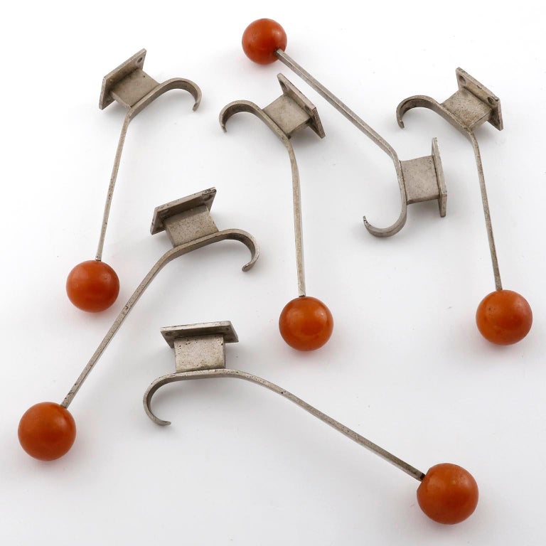 Six Art Deco Coat Wall Hooks, Nickel, 1930s at 1stDibs