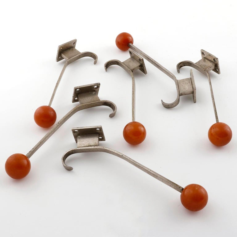 Six Art Deco Coat Wall Hooks, Nickel, 1930s at 1stDibs