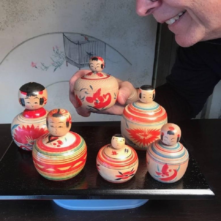 Six Charming Japanese Hand-Painted "Roly Poly" Kokeshi Dolls All Old ...