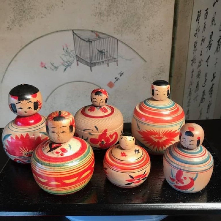 Six Charming Japanese Hand-Painted "Roly Poly" Kokeshi Dolls All Old ...