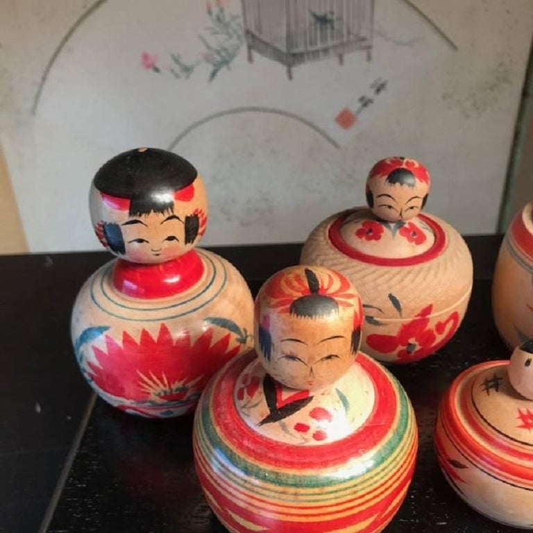 Six Charming Japanese Hand-Painted "Roly Poly" Kokeshi Dolls All Old ...