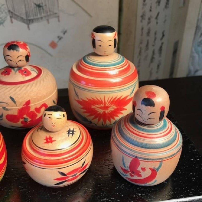 Six Charming Japanese Hand-Painted "Roly Poly" Kokeshi Dolls All Old ...