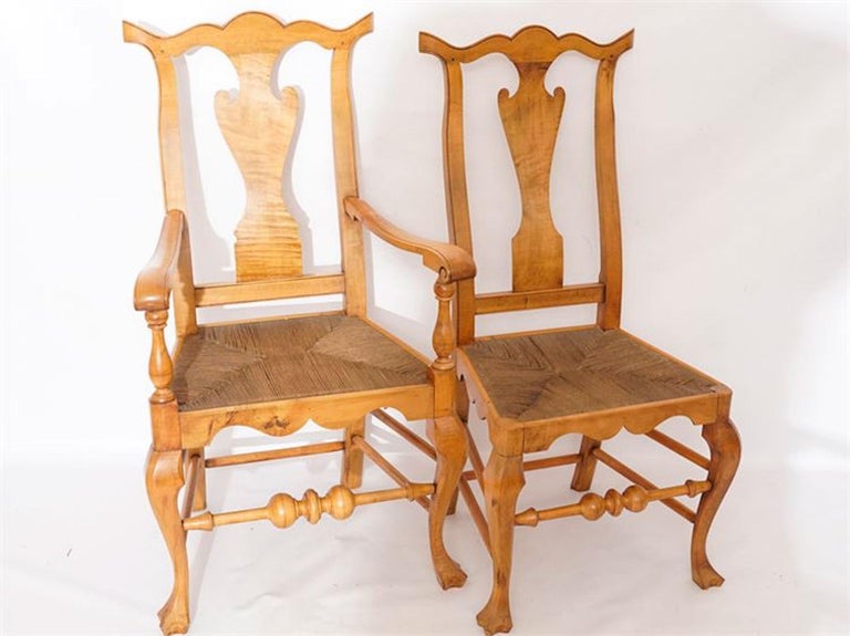 Six Chippendale Style Tiger Maple Dining Chairs For Sale at 1stDibs