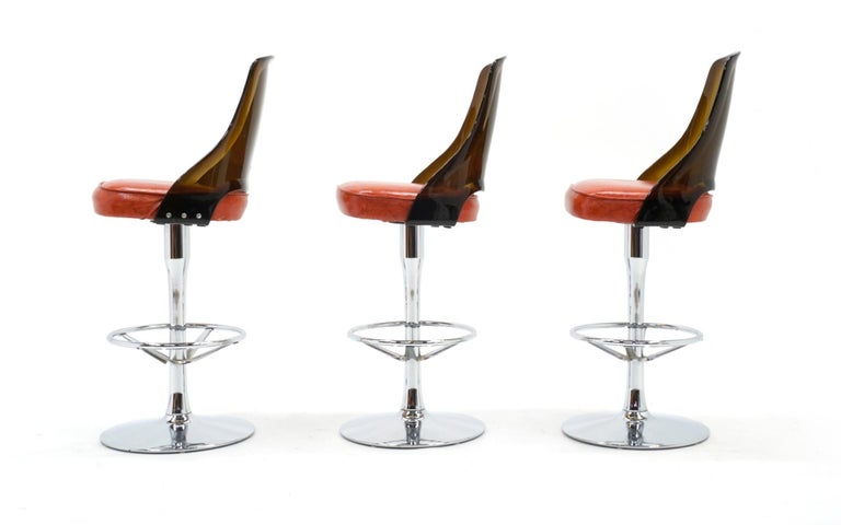 TWO AVAILABLE. of Chrome and Amber Lucite Bar Stools with Orange Vinyl ...