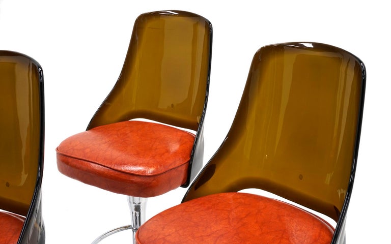 TWO AVAILABLE. of Chrome and Amber Lucite Bar Stools with Orange Vinyl ...