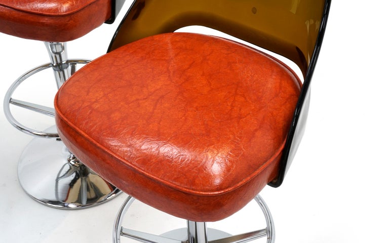 TWO AVAILABLE. of Chrome and Amber Lucite Bar Stools with Orange Vinyl ...