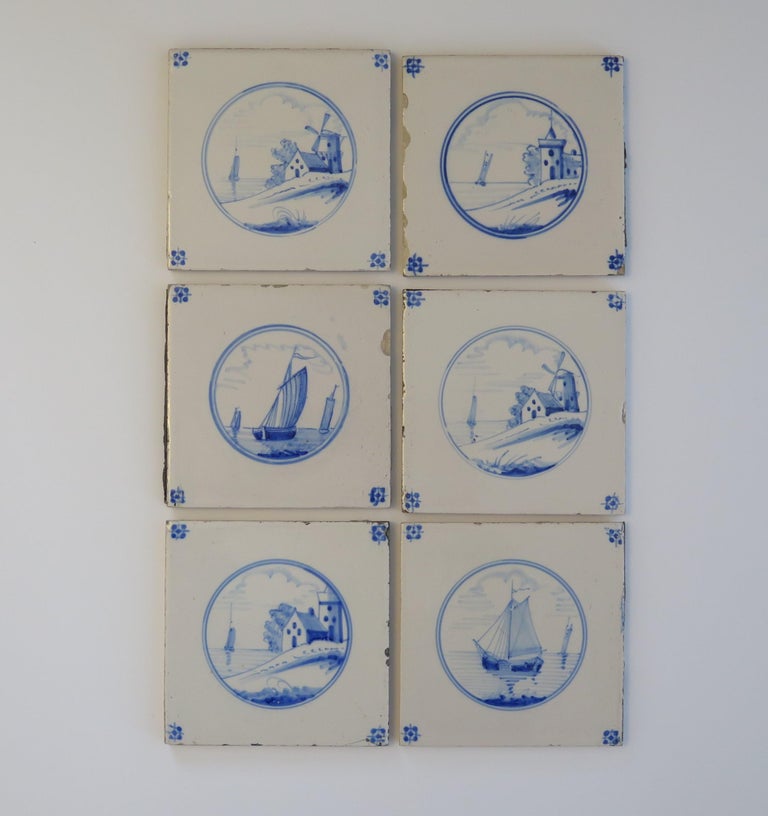 SIX Delft Blue and White Tiles all hand painted, Dutch 19th Century For ...