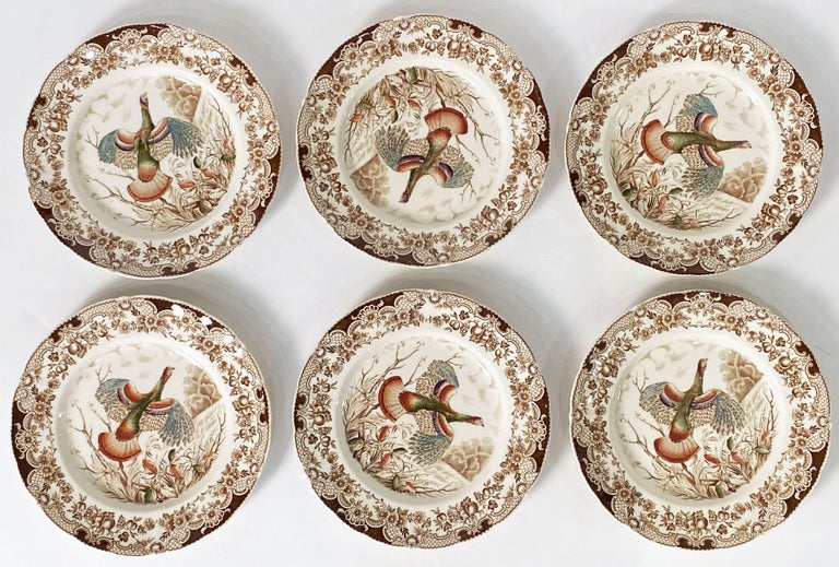 Six English Transfer-Ware Turkey Plates, Wild Turkey Flying by Johnson ...