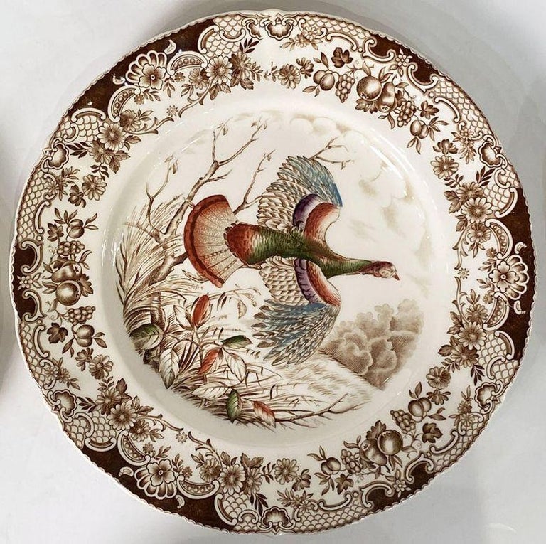 Six English Transfer-Ware Turkey Plates, Wild Turkey Flying by Johnson ...