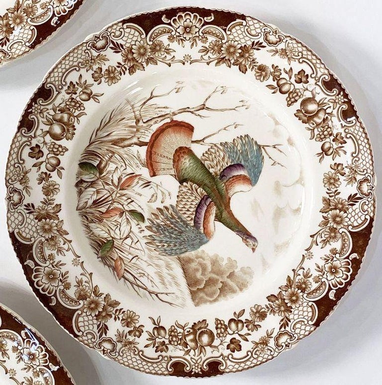 Six English Transfer-Ware Turkey Plates, Wild Turkey Flying by Johnson ...