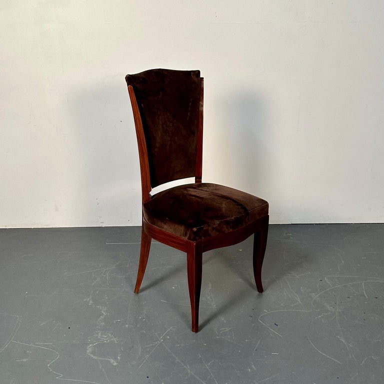 Six French Art Deco Walnut Dining / Side Chairs, Brown Velvet, Ruhlman ...