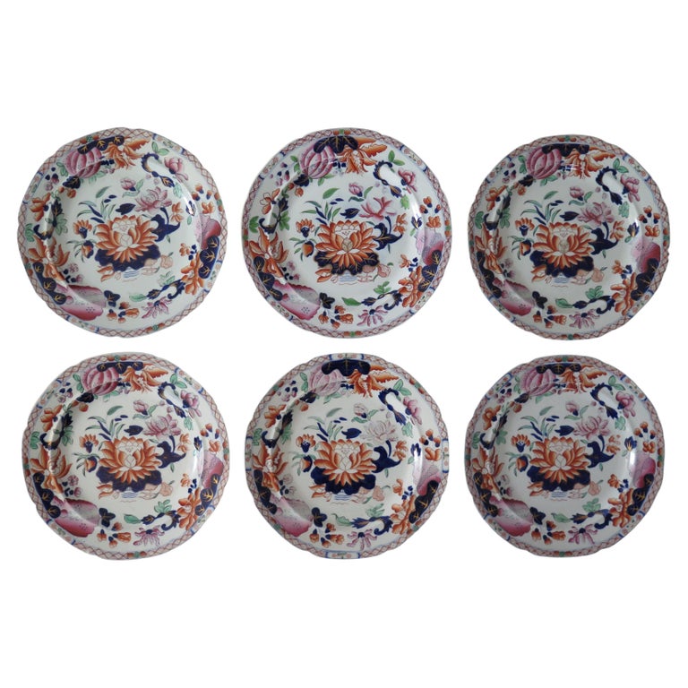 Six Georgian Hicks and Meigh Ironstone Dinner Plates Water Lily Ptn No ...