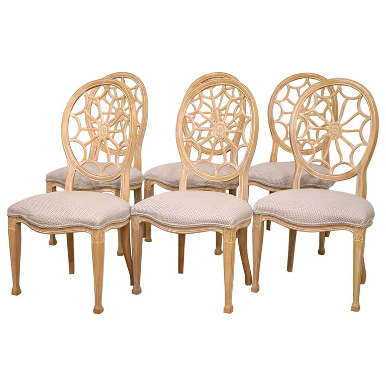 Six Hepplewhite Style White Painted Spiderweb Back Dining Chairs, 20th ...