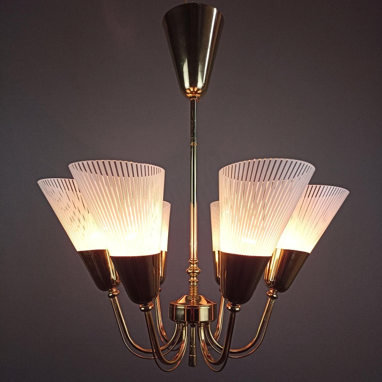 Six-Light 60s Gilded Metal and Murano Half Filigree Glass Chandelier ...