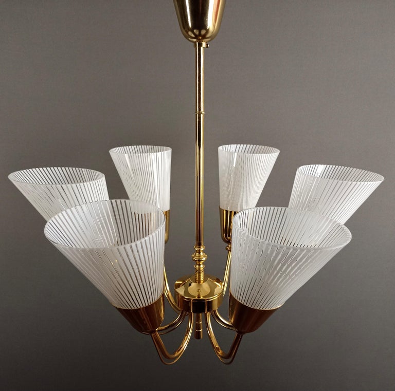 Six-Light 60s Gilded Metal and Murano Half Filigree Glass Chandelier ...