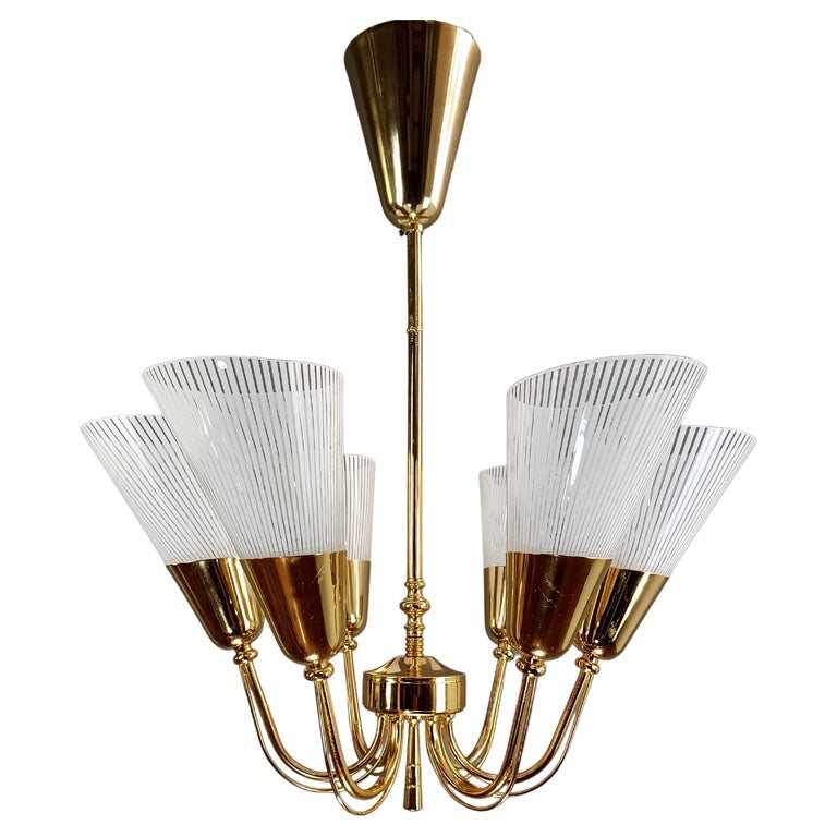 Six-Light 60s Gilded Metal and Murano Half Filigree Glass Chandelier ...