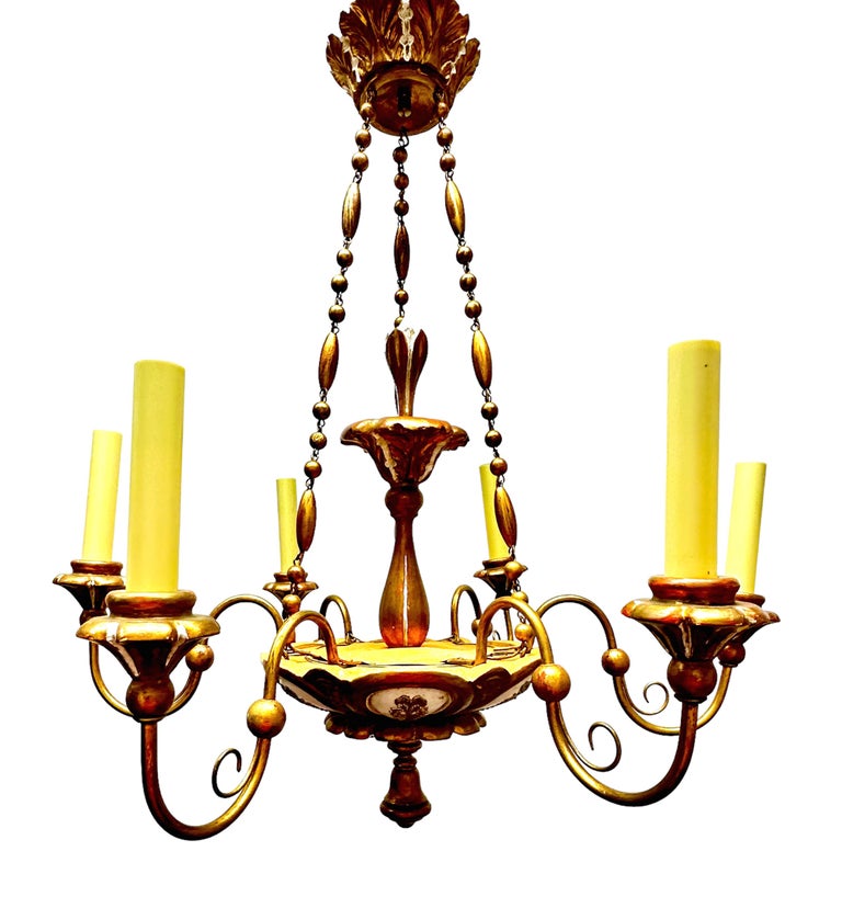 Six Light Chippy White and Gilt Wood Hollywood Regency Chandelier Tole ...