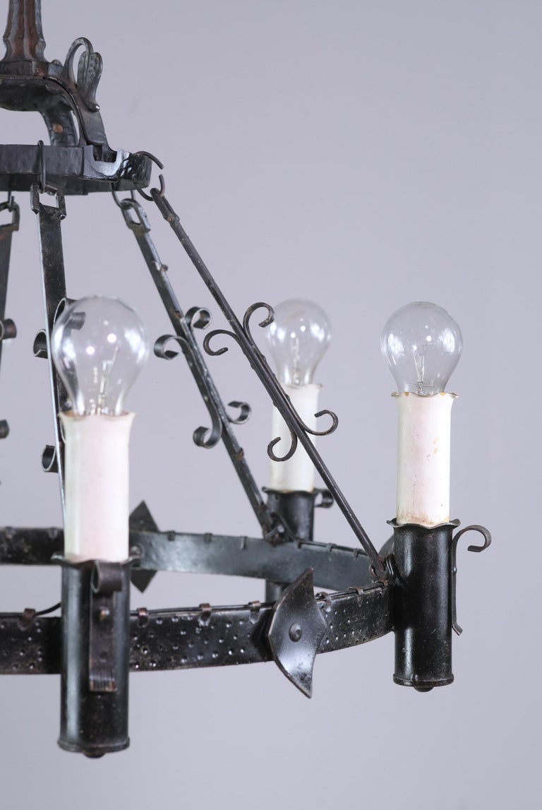 Six-Light Hammered Wrought Iron Chandelier, Arts and Crafts Tudor Style ...